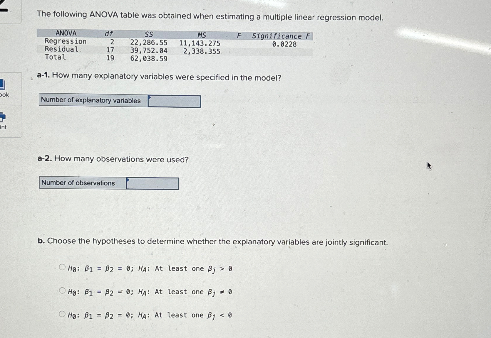 Solved The following ANOVA table was obtained when | Chegg.com