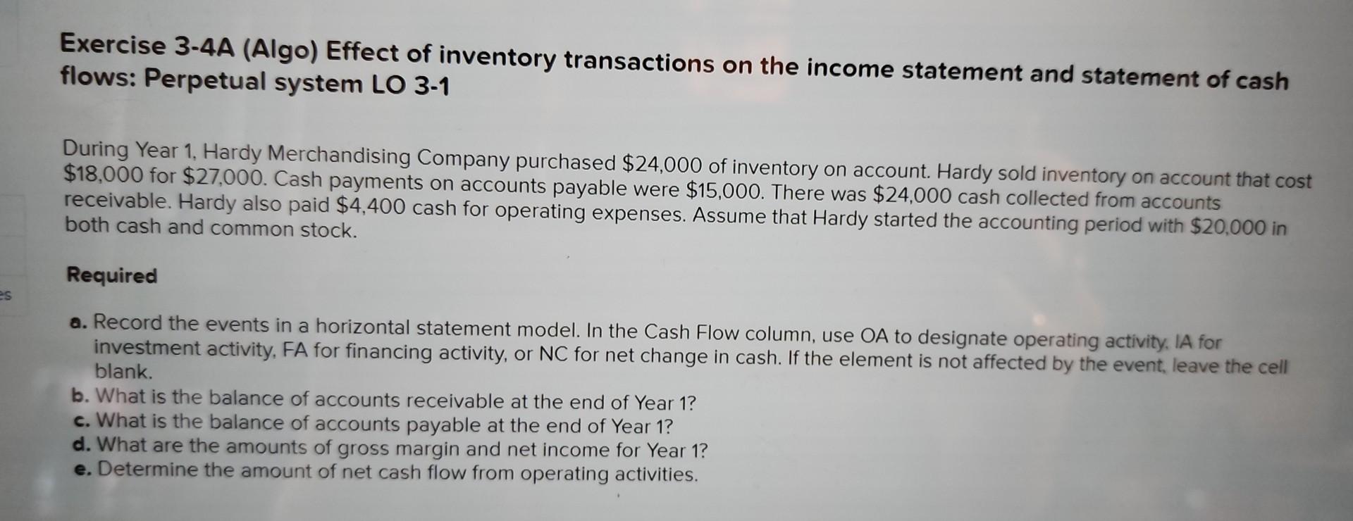 Solved Exercise 3-4A (Algo) Effect of inventory transactions | Chegg.com