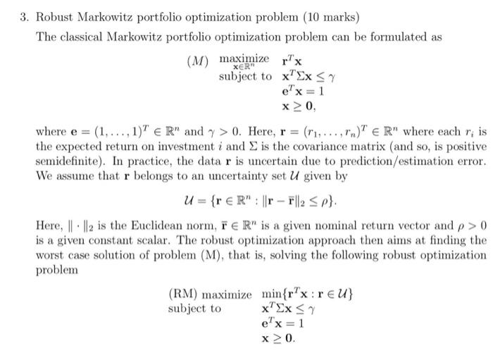 3. Robust Markowitz portfolio optimization problem | Chegg.com