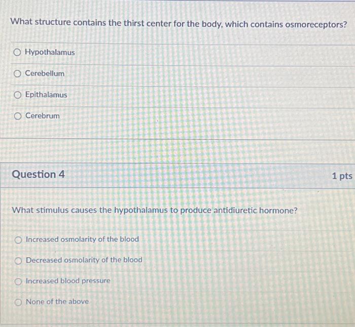 Solved What structure contains the thirst center for the | Chegg.com