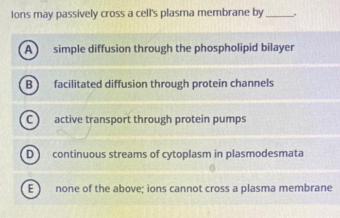 Solved Ions may passively cross a cell's plasma membrane by | Chegg.com