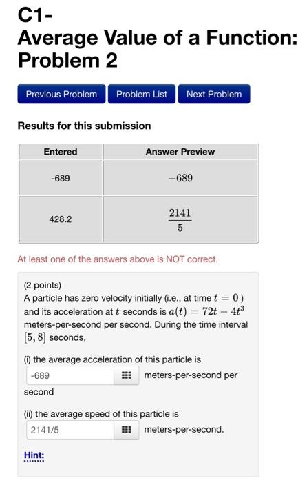 Solved C1- Average Value of a Function: Problem 2 Results | Chegg.com