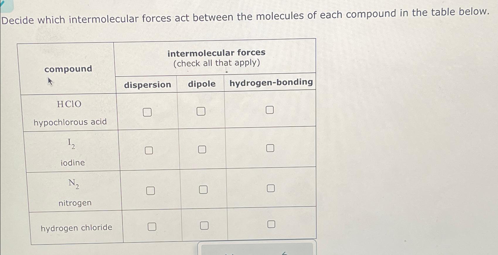 Solved Decide which intermolecular forces act between the | Chegg.com