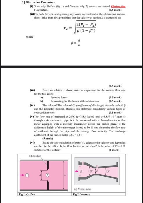 Solved 6. Obstruction Flowmeters (1) State why Orifice (fig. | Chegg.com