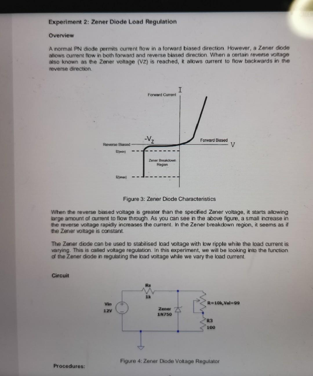 Solved Experiment 2: Zener Diode Load Regulation Overview A | Chegg.com