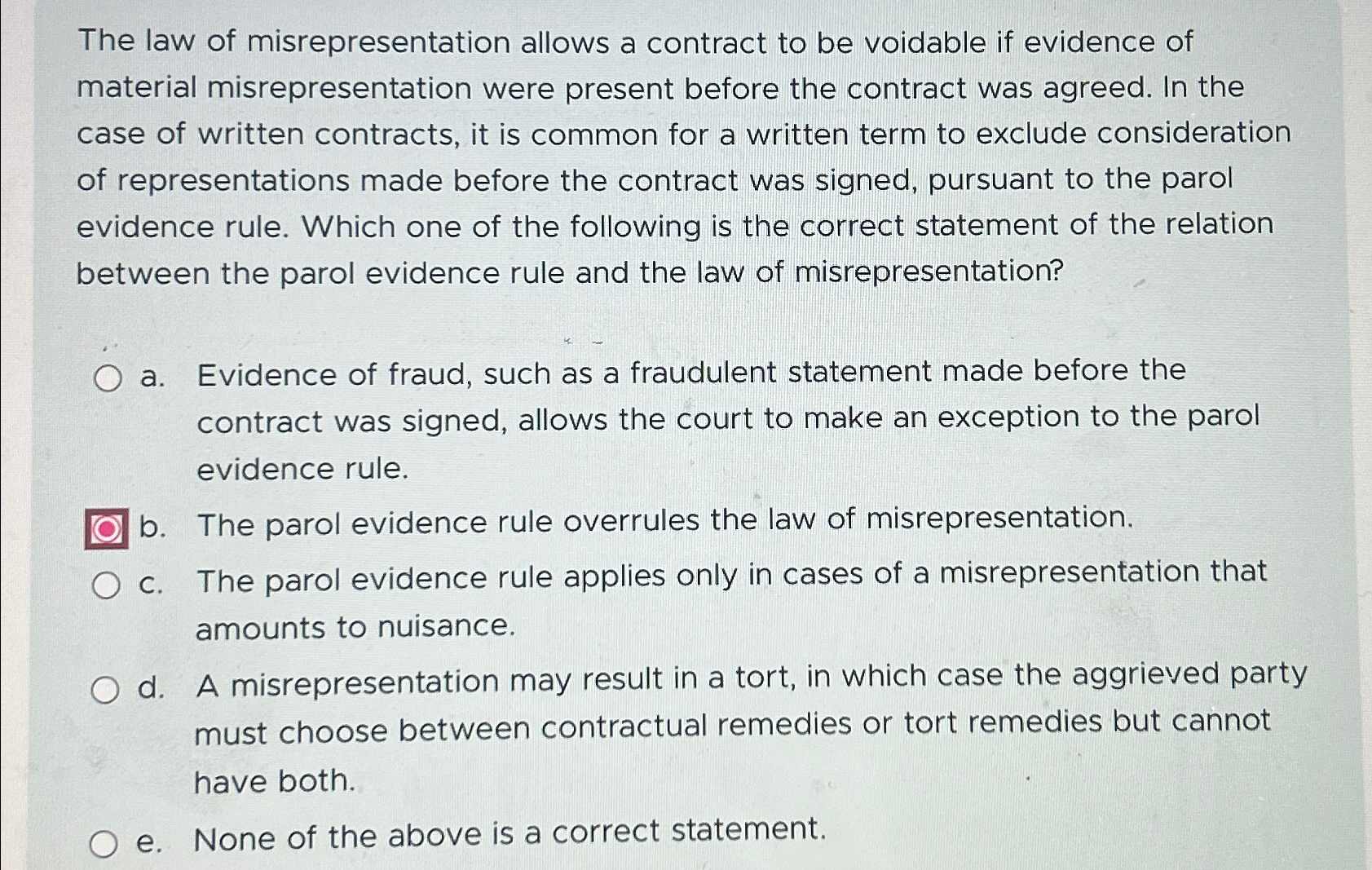 Solved The law of misrepresentation allows a contract to be | Chegg.com