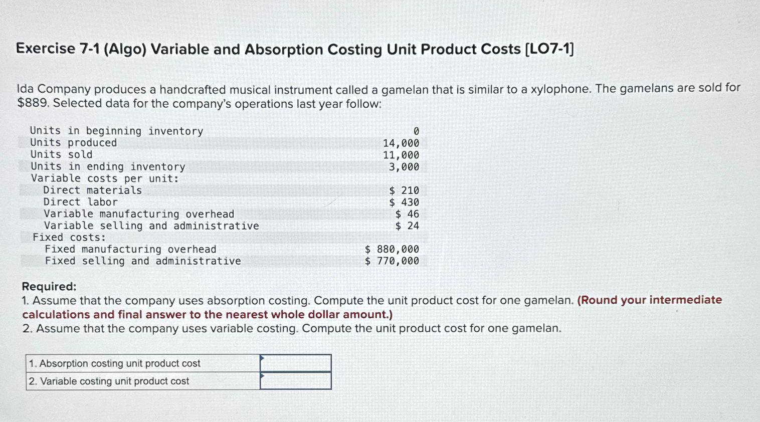 Solved Exercise 7 1 Algo ﻿variable And Absorption Costing 