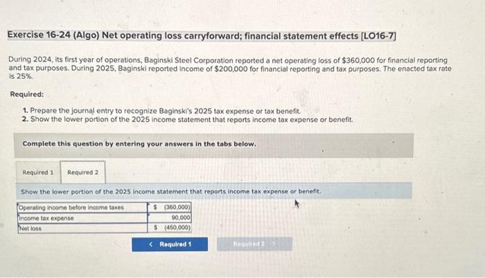 Solved Exercise 16-24 (Algo) Net operating loss | Chegg.com