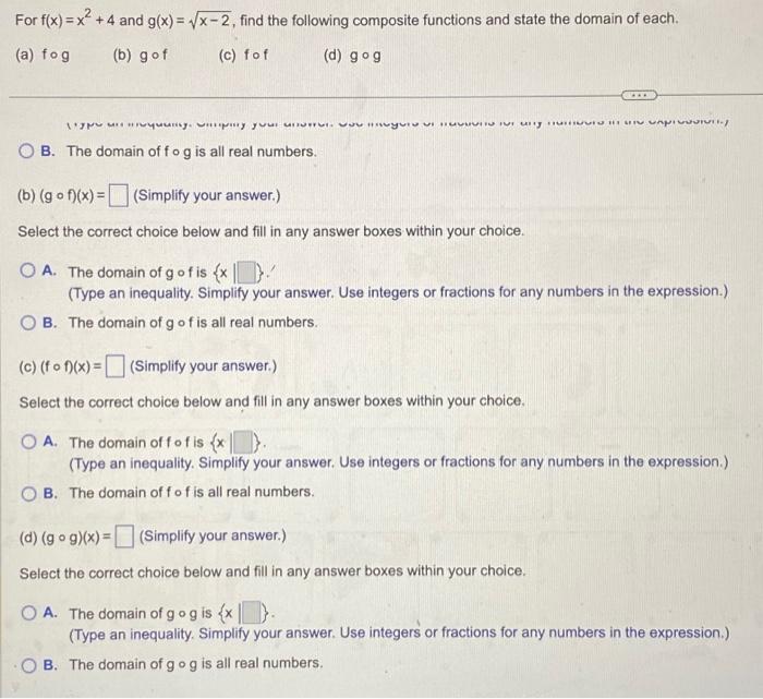 Solved For f(x)=x2+4 and g(x)=x−2, find the following | Chegg.com