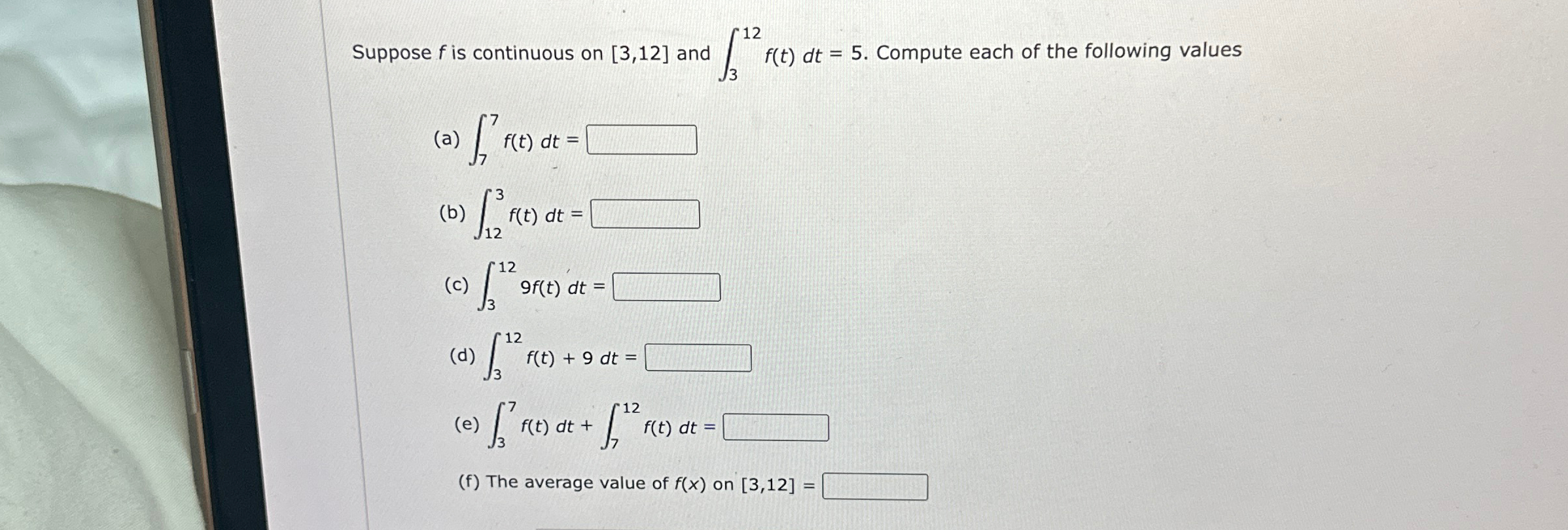 Solved Suppose f ﻿is continuous on 3,12 ﻿and ∫312f(t)dt=5. | Chegg.com