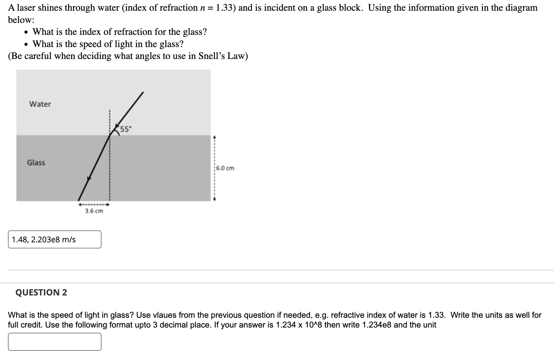 Solved A laser shines through water (index of refraction | Chegg.com