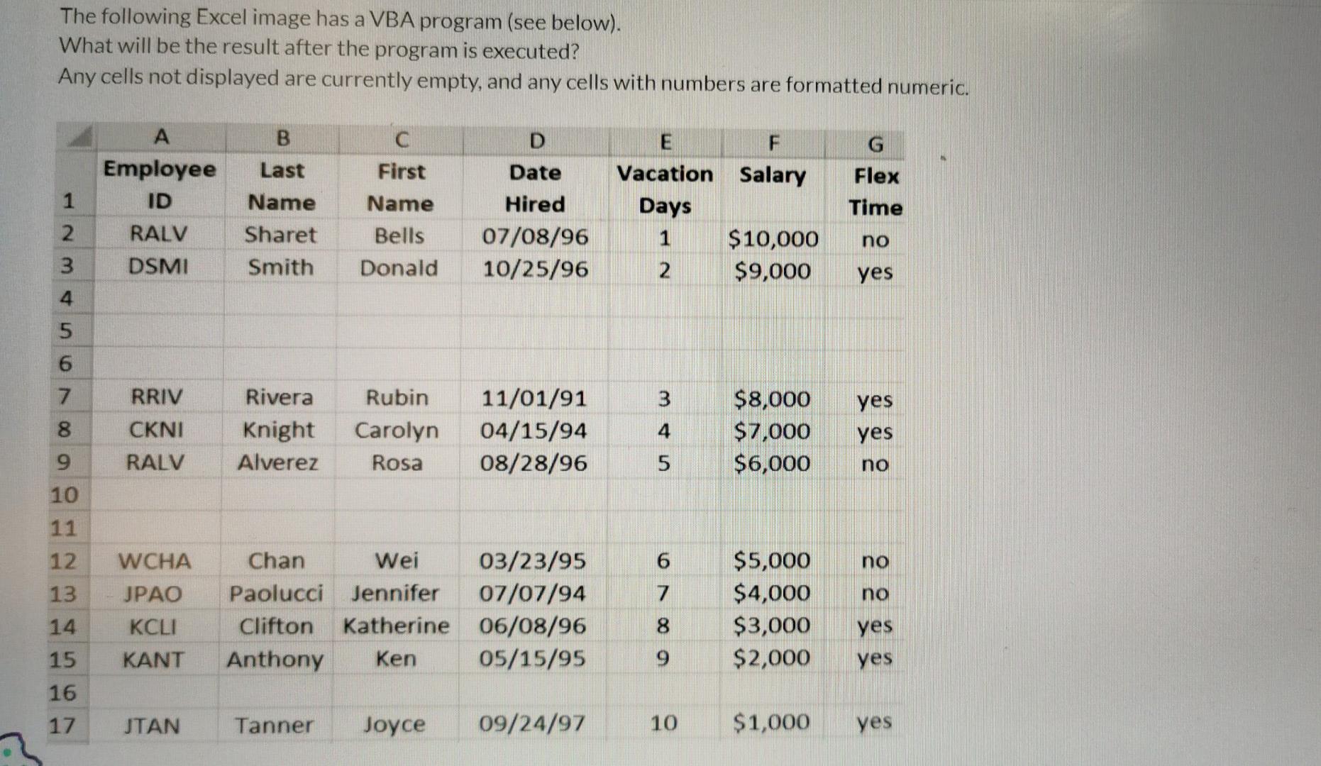 Solved The Following Excel Image Has A Vba Program See 