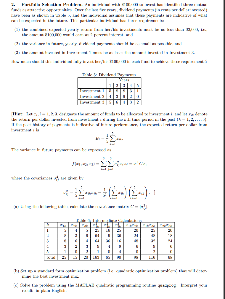 Portfolio Selection Problem. An individual with | Chegg.com