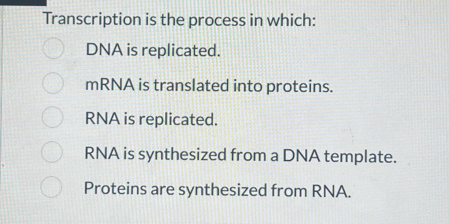 Solved Transcription is the process in which:DNA is | Chegg.com