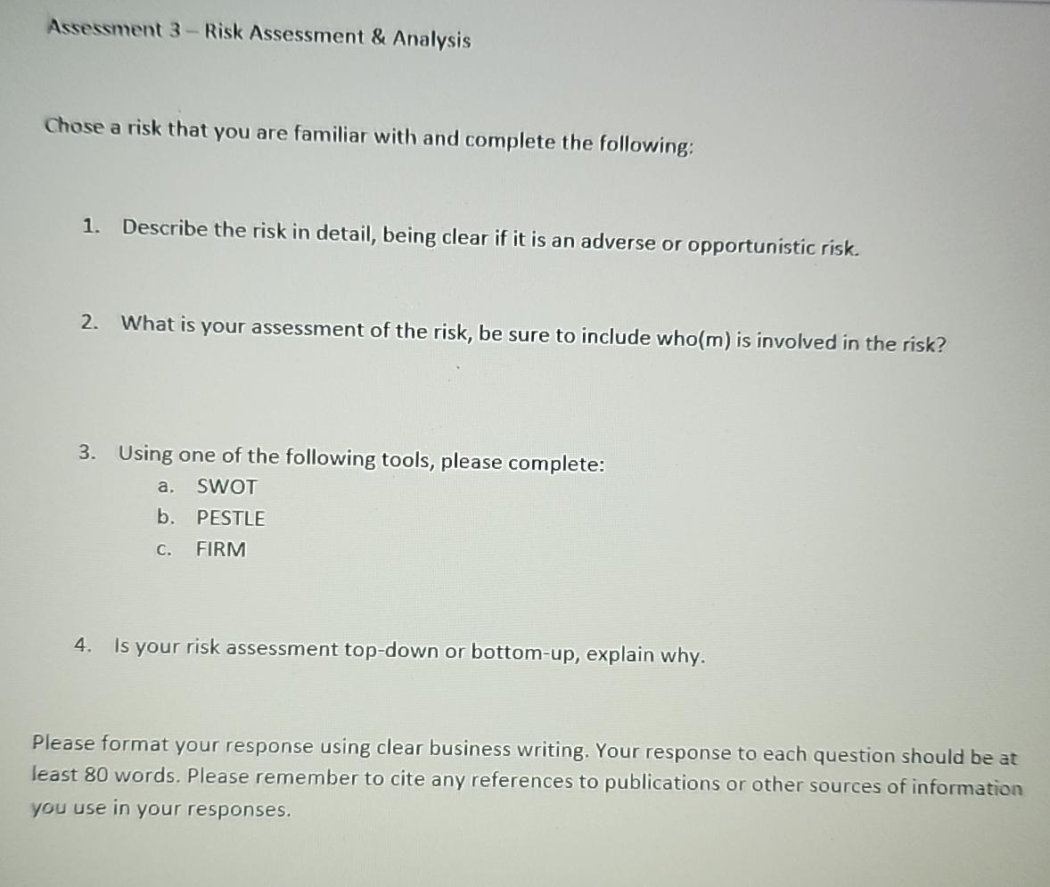 Solved Assessment 3-Risk Assessment & AnalysisChose a risk | Chegg.com