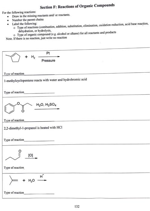 Solved Section F: Reactions of Organic Compounds For the | Chegg.com