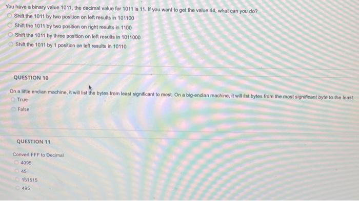 Solved You have a binary value 1011 , the decimal value for | Chegg.com