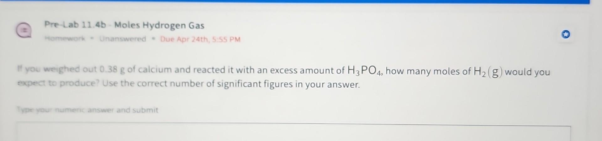 Solved Pre-Lab 11.4b - Moles Hydrogen Gas Momework - | Chegg.com