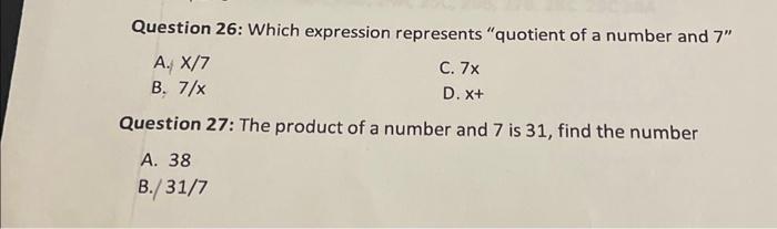 Solved Question 26: Which expression represents \"quotient | Chegg.com