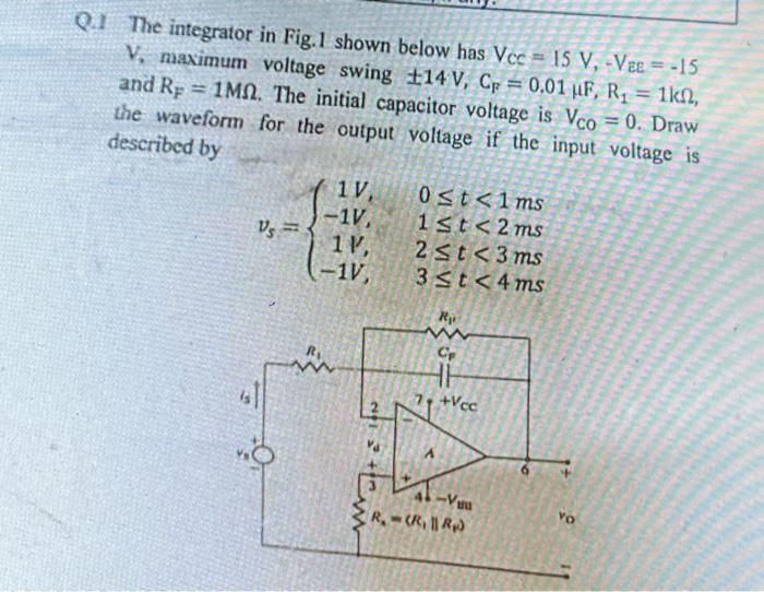 Solved Q.1 The integrator in Fig.1 shown below has Vcc= 15 | Chegg.com