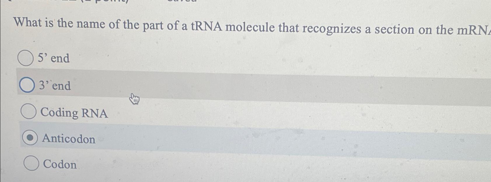 Solved What is the name of the part of a tRNA molecule tha | Chegg.com