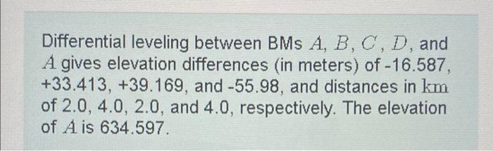 Solved Differential leveling between BMs A, B, C, D, and A | Chegg.com