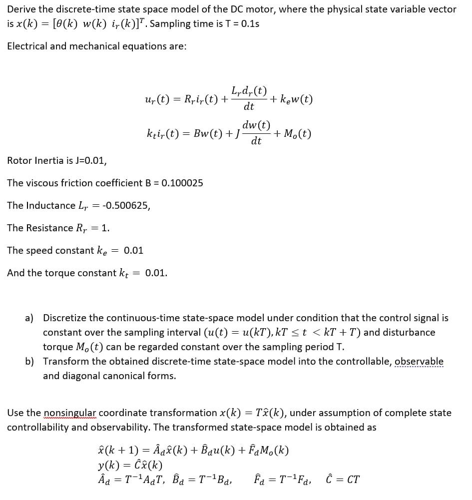 Solved Derive the discrete-time state space model of the DC | Chegg.com