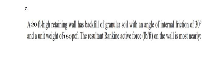 Solved A 20 tthighh retaining wall has backfill of granular | Chegg.com