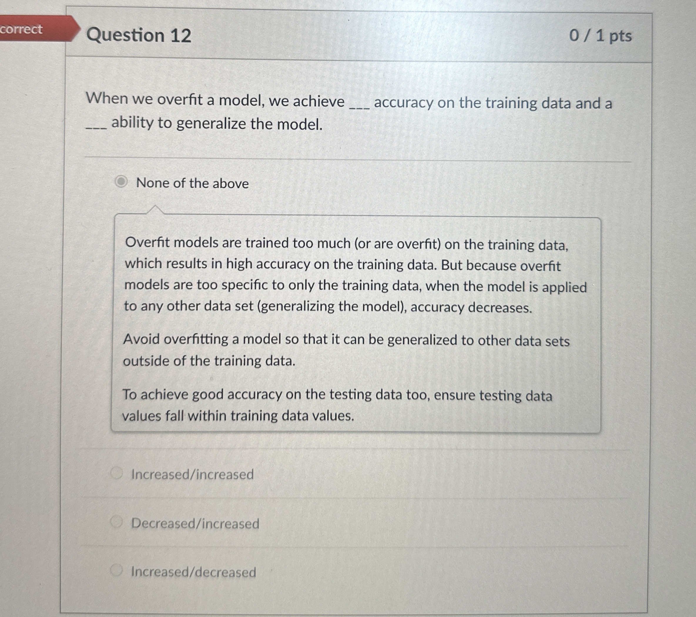 Solved correctQuestion 1201 ﻿ptsWhen we overfit a model, we | Chegg.com