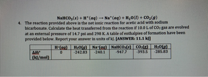 Solved NaHCO3(s) +H*(aq) - Na+(aq) + H2O(1) + CO2(9) 4. The | Chegg.com