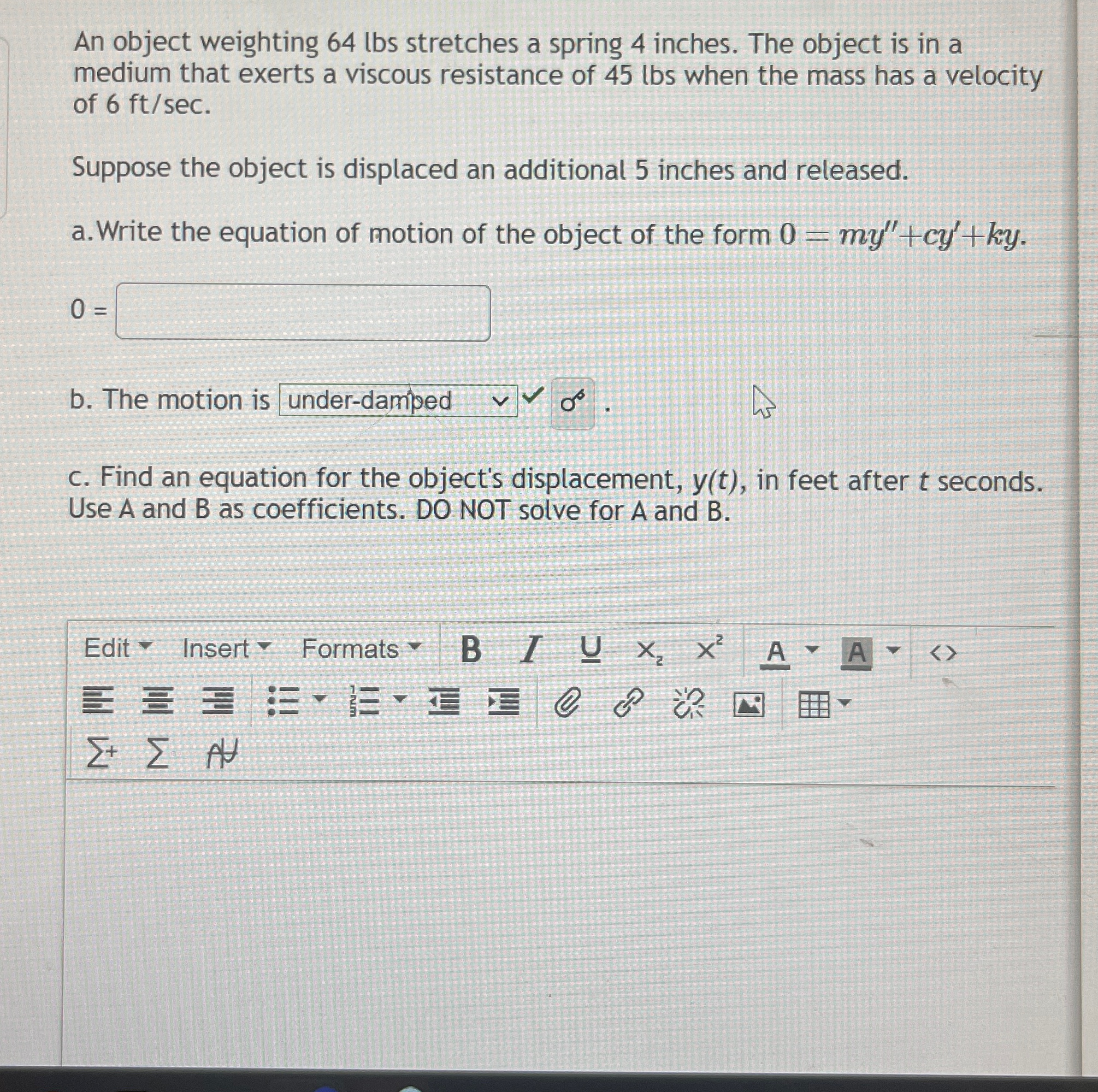 Solved An object weighting 64 ﻿lbs stretches a spring 4 | Chegg.com