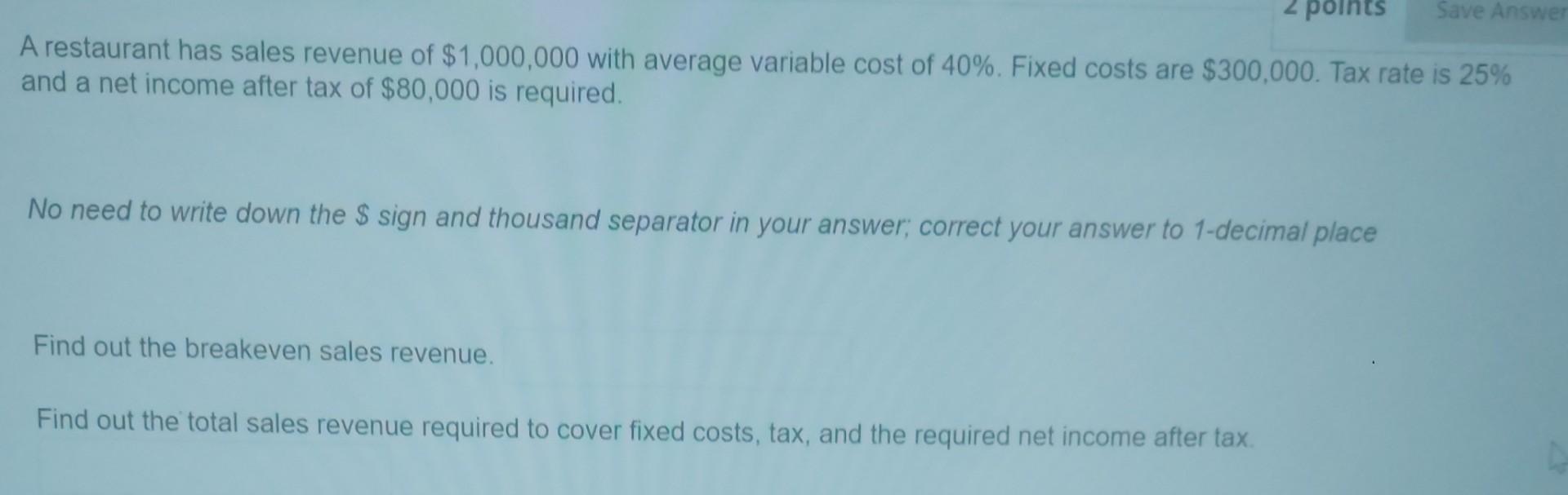 Solved A restaurant has sales revenue of $1,000,000 with | Chegg.com