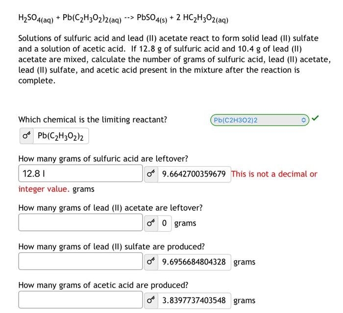 Solved H2so4 Aq Pb C2h3o2 2 Aq ⋯pbso4 S 2hc2h3o2 Aq