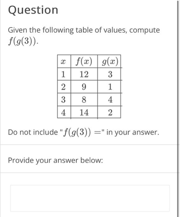 Solved Given the following table of values, compute f(g(3)). | Chegg.com