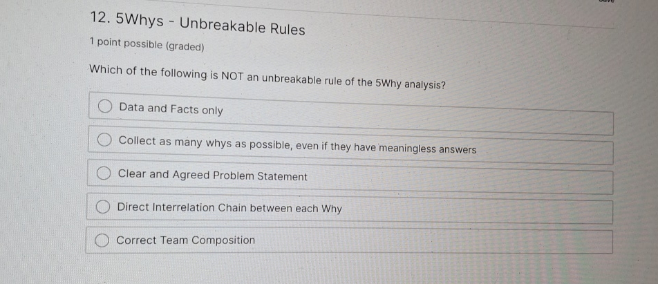 Solved 5 ﻿Whys - ﻿Unbreakable Rules1 ﻿point possible | Chegg.com