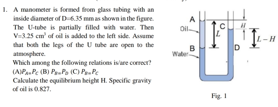 Solved A manometer is formed from glass tubing with an | Chegg.com