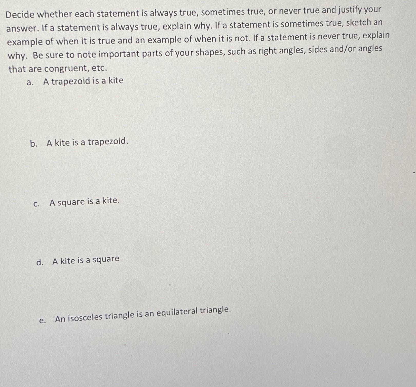 Solved Decide whether each statement is always true, | Chegg.com