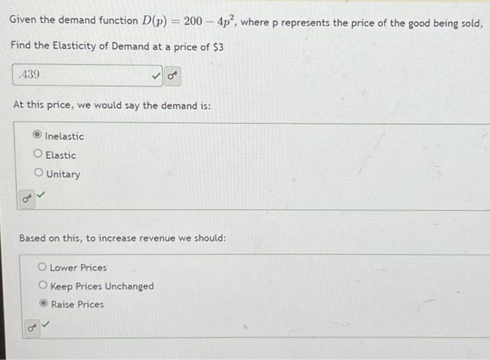 Solved Given the demand function D(p)=200−4p2, where p | Chegg.com