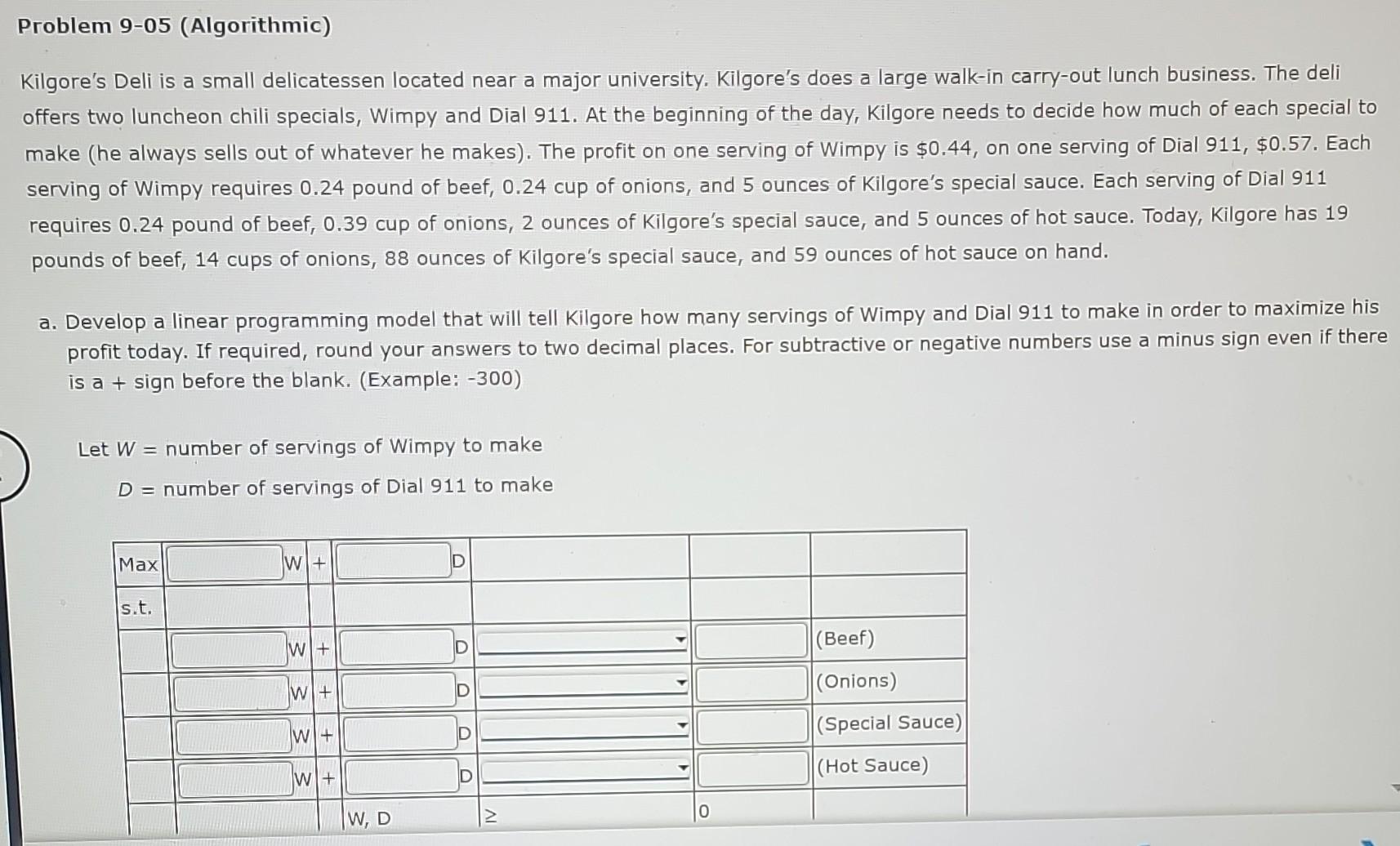 Solved Problem 9-05 (Algorithmic) Kilgore's Deli is a small | Chegg.com