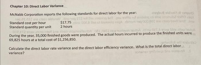 Solved Chapter 10: Direct Labor Varlance McNabb Corporation | Chegg.com