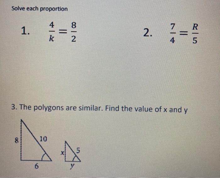 Solved Solve each proportion 4 1. = NIO - 7 R - 4 5 k 3. The | Chegg.com
