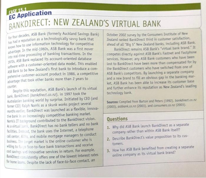 Solved CASE 15.1 EC Application BANKDIRECT: NEW ZEALAND'S | Chegg.com
