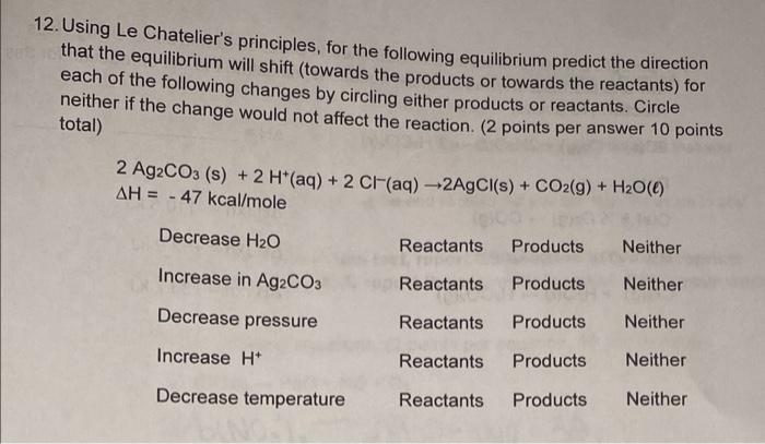 Solved 12. Using Le Chatelier's principles, for the | Chegg.com