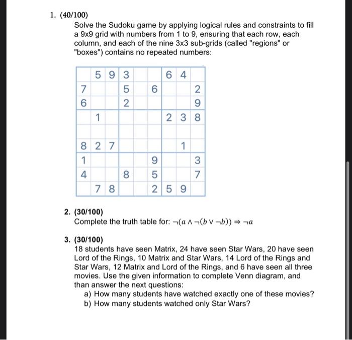 Solved 1. (40/100) Solve the Sudoku game by applying logical | Chegg.com