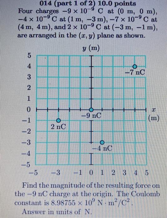 Solved 014 (part 1 of 2 ) 10.0 points Four charges −9×10−9C | Chegg.com