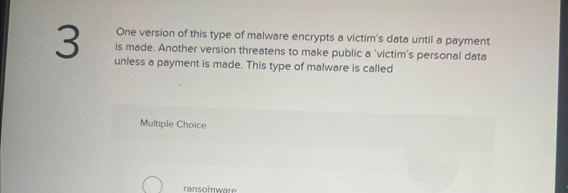 Solved One version of this type of malware encrypts a | Chegg.com