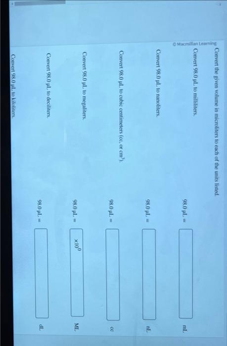 Solved Convert the given volume in microliters to each of | Chegg.com