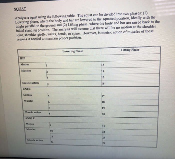 Solved SQUAT Analyse a squat using the following table. The | Chegg.com