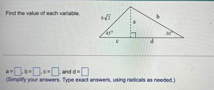 Solved Find the value of each variable. 612 b a 450 300 d d | Chegg.com