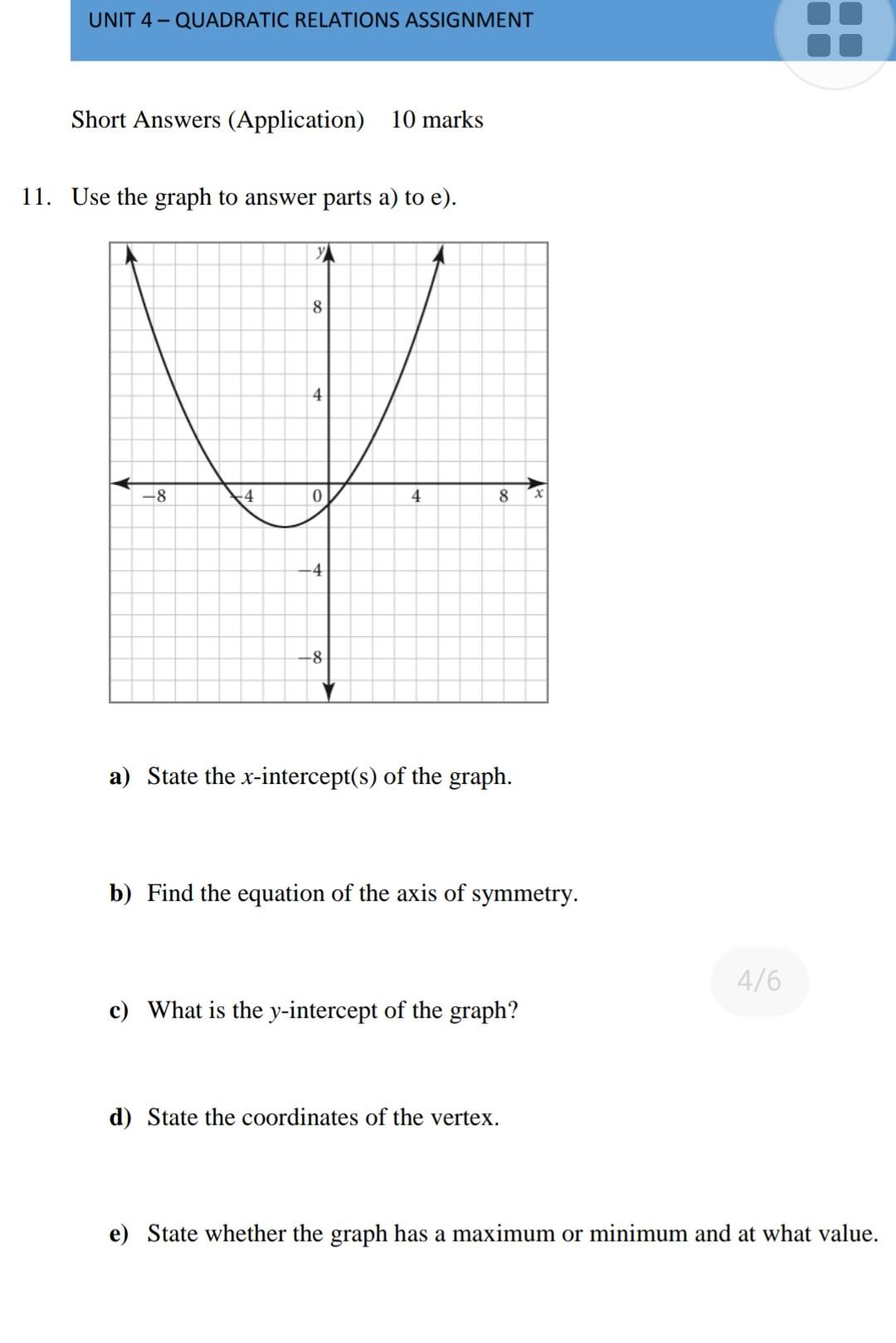Solved UNIT 4 - QUADRATIC RELATIONS ASSIGNMENT Short Answers | Chegg.com
